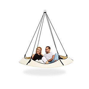Hangout Pod Free-Hanging Transportable Circular Family Hammock Bed/Hanging Chair/Porch Swing for Garden, Deck, Lawn, Patio and Camping. Cream & Black