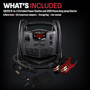 Schumacher Electric SJ1332 6-in-1 Portable Power Station and Jump Starter with 150-PSI Air Compressor and 200 Continuous/400 Peak Watt Power Inverter, 1200 Peak Amps, 12 Volts, Black, 1 unit