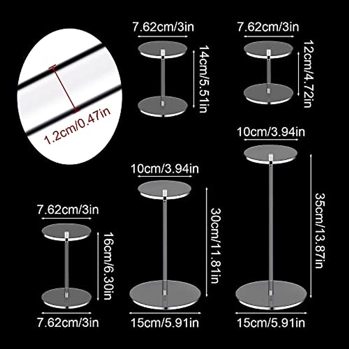 5Pcs Acrylic Hat Stand in Different Sizes Multifunctional Acrylic Display Riser Round Barbell Pedestal Clear Acrylic Stand for Wig Watch Hat Cupcake Jewelry Display 4.72-13.87 in Height 3-3.94 in Dia