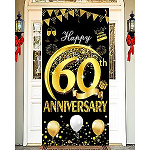 Happy 60th Anniversary Door Banner Decorations, Black Gold 60th Wedding Anniversary Door Cover Party Supplies, 60 Year Anniversary Door Decor Sign for Outdoor Indoor