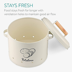 Navaris Vegetable Bins for Onions and Potatoes (Set of 3) - Potato Onion Garlic Storage Canisters Keeper Tin Containers with Wood Handles - Cream