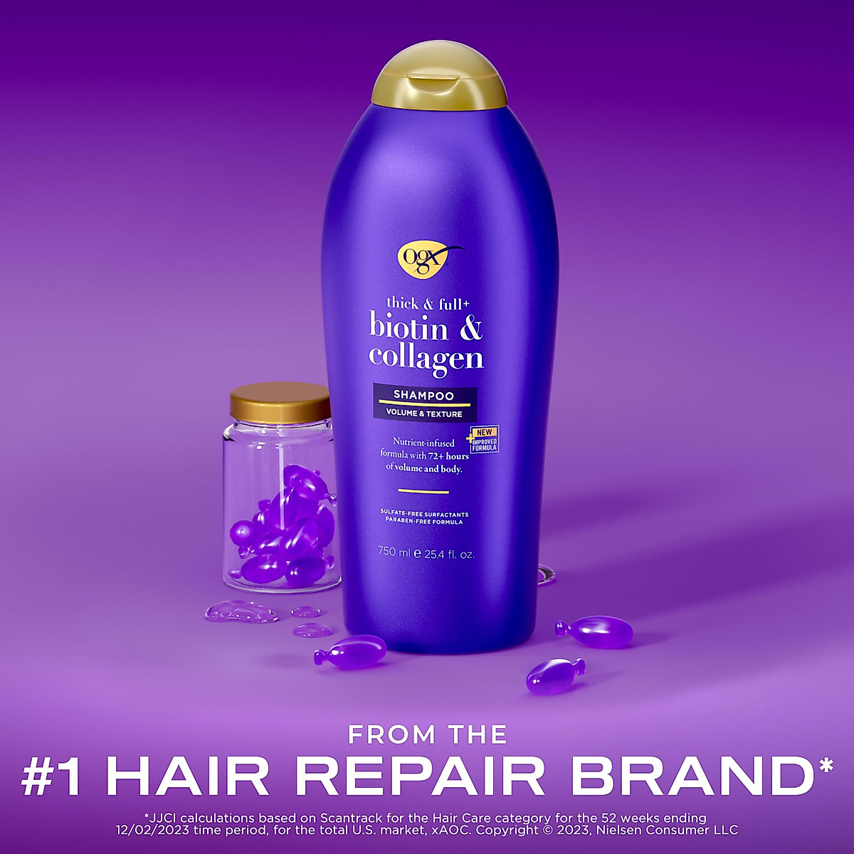 OGX Thick & Full + Biotin & Collagen Volumizing Shampoo, Nutrient-Infused Hair Shampoo with Vitamin B7 Biotin Gives Hair Volume & Body for 72+ Hours, Sulfate-Free Surfactants, 25.4 fl. oz