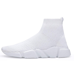 Santiro White Slip On Sneakers for Women Breathable Tennis Athletic Sock Shoes Casual High Top Running Shoes 8.5 US