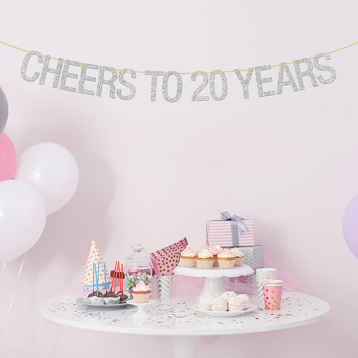 Cheers to 20 Years Banner - Happy 20th Birthday Party Bunting Sign - 20th Wedding Anniversary Decorations Supplies - Silver
