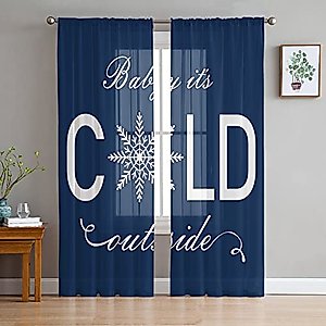 Sheer Curtains Voile Kitchen Curtain 108 Inch Length, Christmas Semi Curtains Light Filtering Window Curtain Rod Pocket 2 Panels Drapes for Bedroom Living Room Cold Winter Snowflakes Blue Backdrop