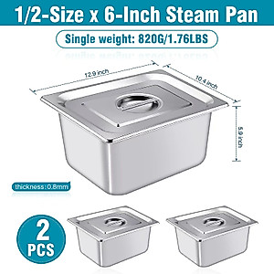 2 Pcs 1/2 Size x 6 Inch Deep Half Size Steam Table Pans Stainless Steam Hotel Pan with Lid Restaurant Supplies Food Pans for Home, Party, Buffet