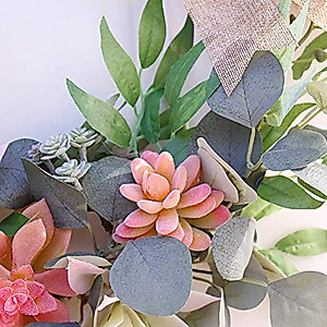SYLOTS Artificial Succulent Wreath Door with Knotted Bow, Lrnn Fake Leaves Wreath Succulent Plants Hanging Wall Window Party Decoration for The Front Door, Home Decor in Summer and Fall, Weddings