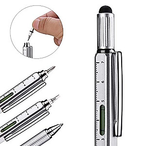 Useful Gadgets Business Gift for men, 6 in 1 Sliver tool pen with Ruler, Level gauge, Ballpoint Pen, Stylus and 2 Screw Drivers, Multifunction Tool Pen Fit for Engineers and Technicians in Gift Box