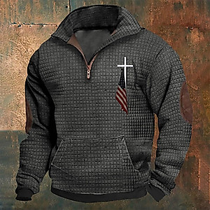 Parise T Shirts for Men 2023 Casual Waffle Qaurter Zip Polo Sweatshirts for Men USA Flag Logo Turtleneck Long Sleeve Sweater Coats with Pocket(Dark Gray,XX-Large)