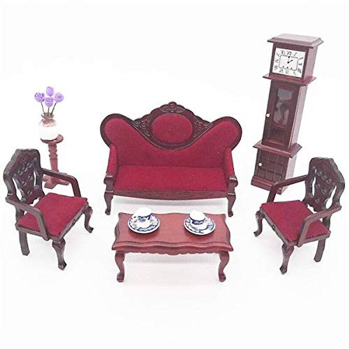 EatingBiting 1:12 Miniature Living Room Furniture Vintage Red Wooden Sofa Armchair Couch Table 3pcs Set Sofa + 2 Chairs