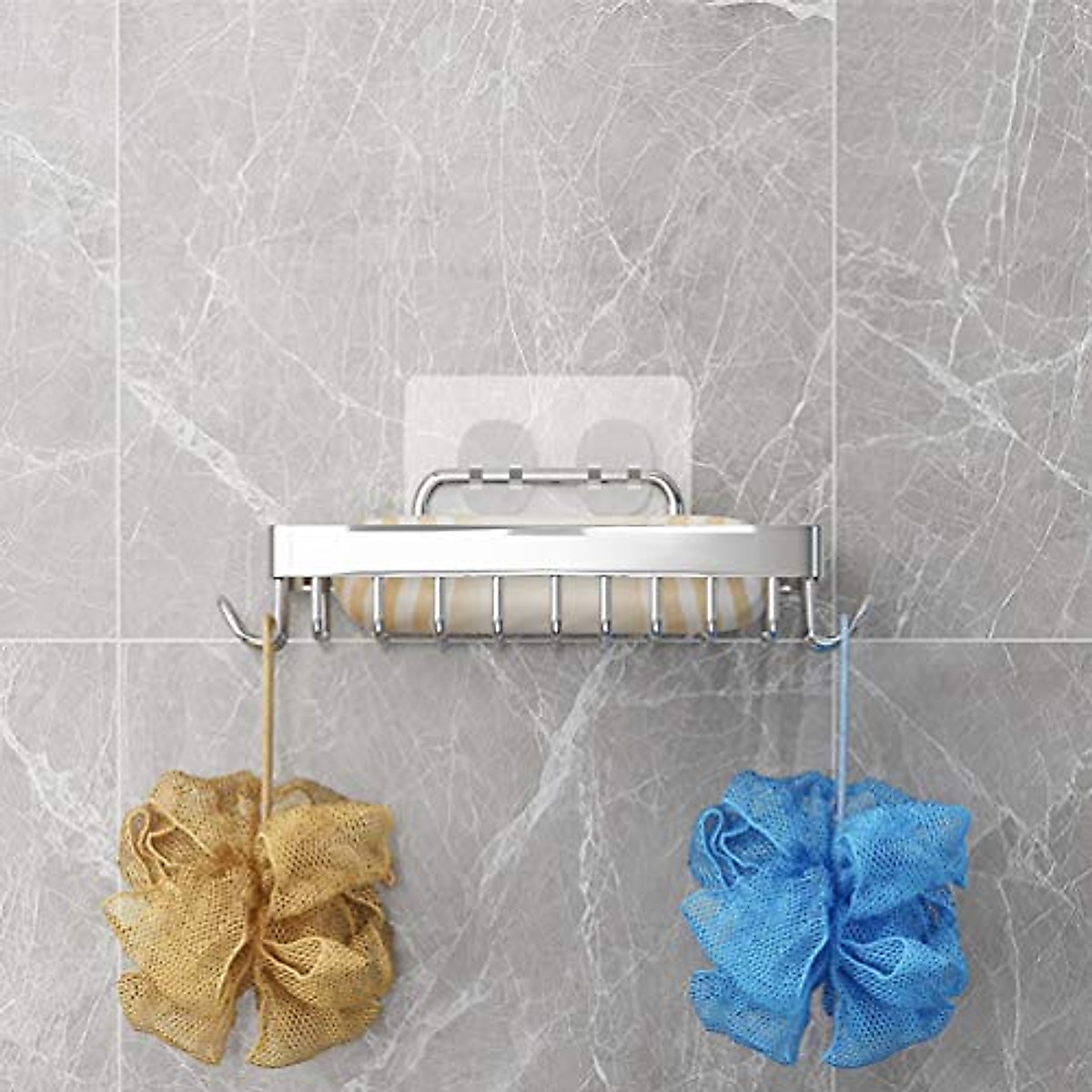 Soap Dish Soap Holder with Hooks for Shower, Rust Proof 304 Stainless Steel, Adhesive No Drilling