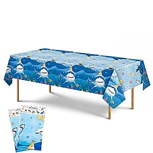 WERNNSAI Blue Shark Party Table Cover -2 PC 54” x 108” Ocean Theme Table Cloth Under The Sea Party Supplies Disposable Plastic Rectangle Tablecloth for Kids Shark Birthday Party Decor