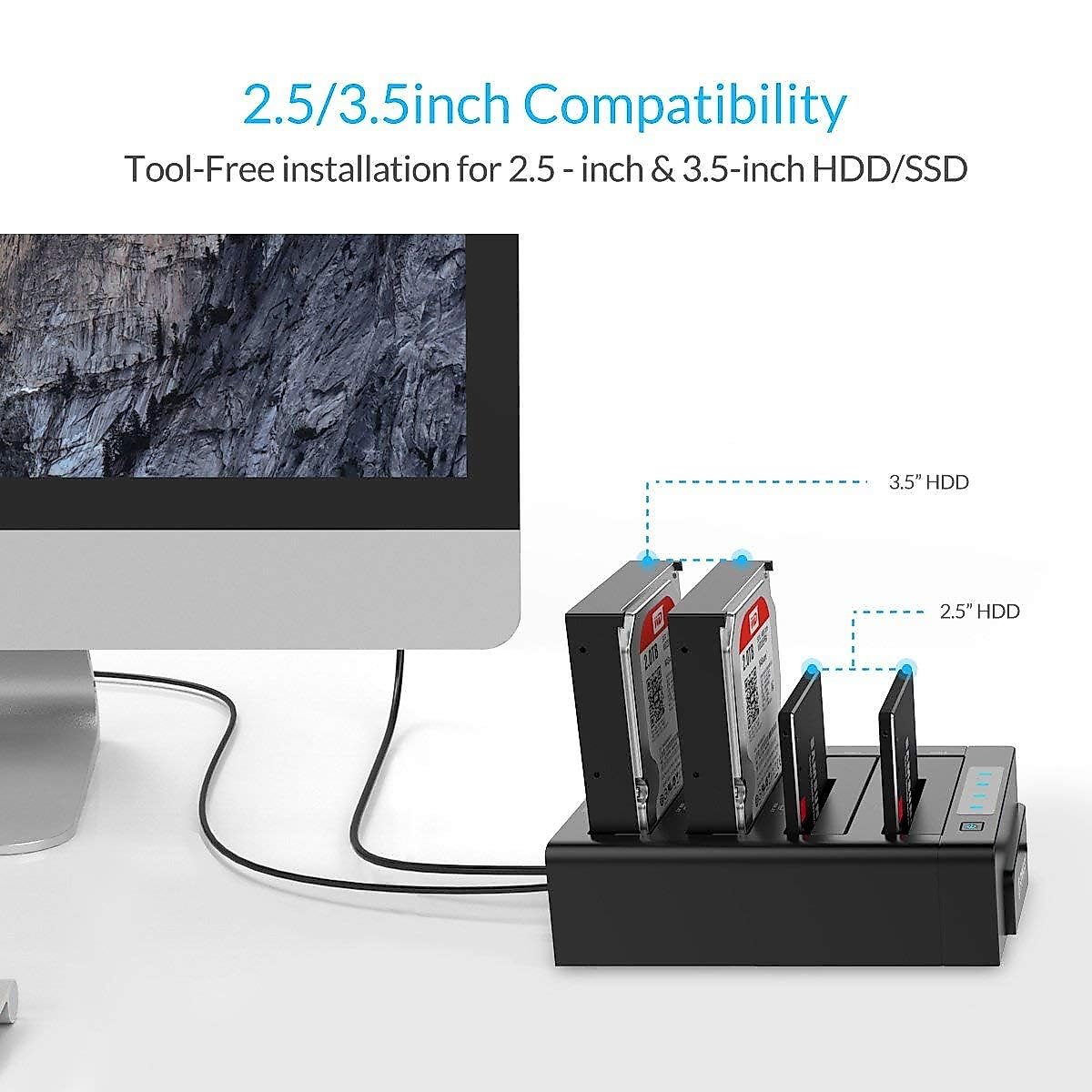 ORICO 4 Bay External Hard Drive Docking Station USB 3.2 Gen 1 to SATA I/II/III for 2.5''/3.5'' HDD SSD with Hard Drive Duplicator/Cloner Function Support UASP [4 x 20TB]-6648US3