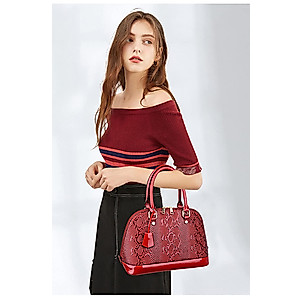 Patent Leather Handbag Crocodile Pattern Top Handle Purse Shell Bag Come with Wallet (Brown)