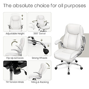 NEO CHAIR Ergonomic Office Chair PU Leather Executive Chair Padded Flip Up Armrest Computer Chair Adjustable Height High Back Lumbar Support Wheels Swivel for Gaming Desk Chair (White)