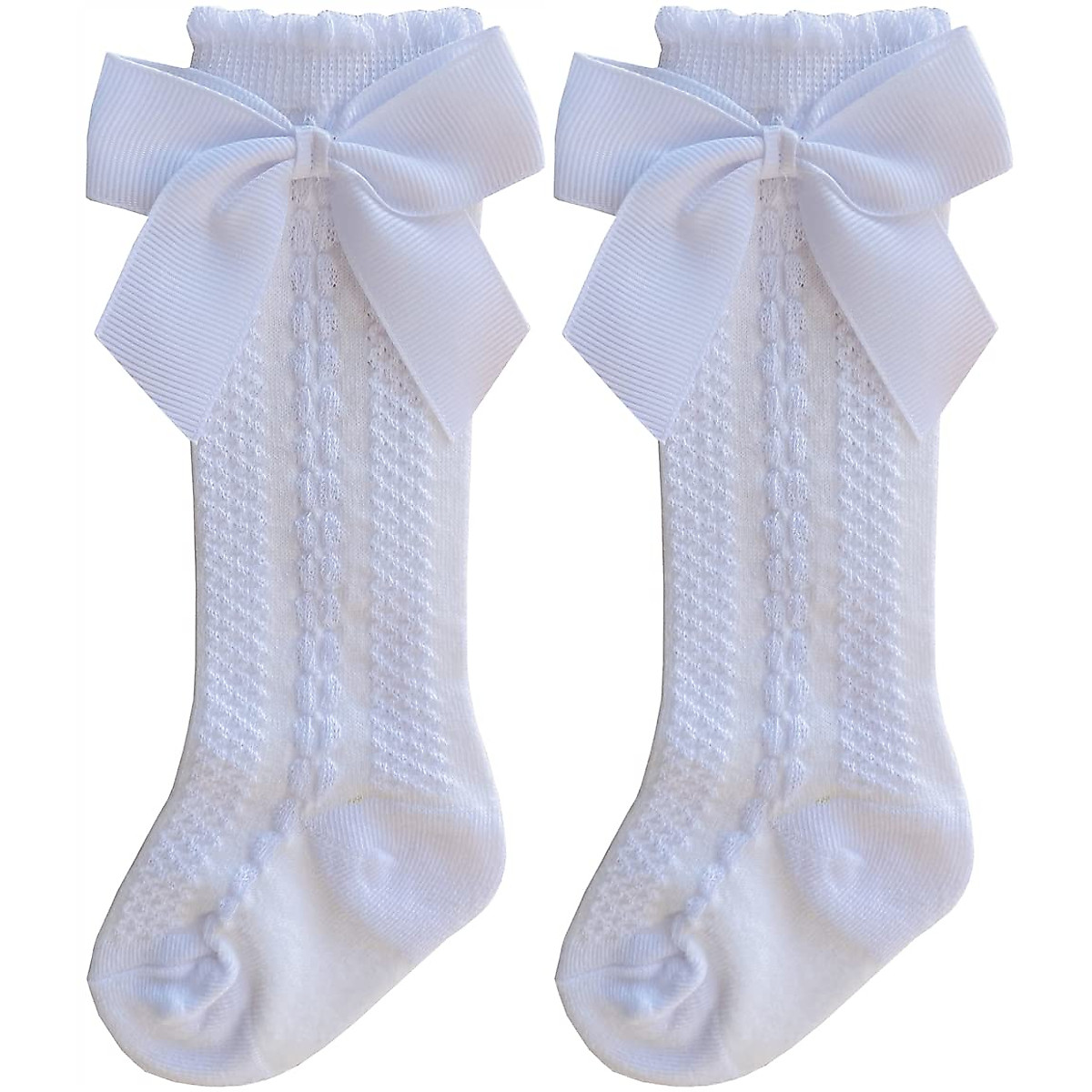 Baby Girls Knee High Socks Bow Thread Toddler Breathable Long Sock Cable Knit Tube (0-12 Months, Grey/Pink/Yellow/White/Red)