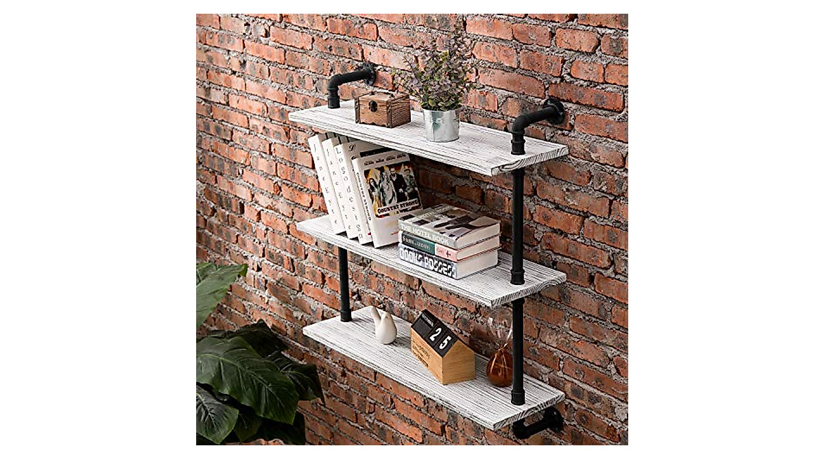 MyGift 3-Tier Wall Mounted Whitewashed Wood & Industrial Pipe Hanging ...
