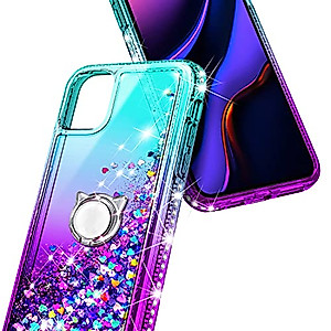 NGB Supremacy Case for iPhone 12/12 Pro with Tempered Glass Screen Protector, Ring Holder/Wrist Strap, Girls Women Kids Bling Sparkle Liquid Floating Glitter Cute Case Cover (Aqua/Purple)