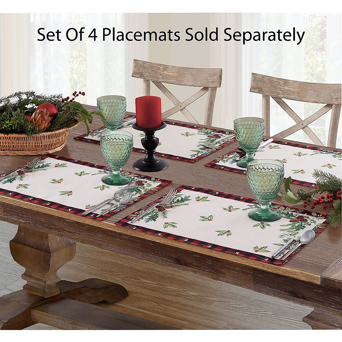 Lintex Aspen Red Black Plaid and Garland Bordered Christmas Tablecloth, Cottage Check Bordered Xmas and Holiday Print Easy Care Fabric Tablecloth, 70 Inch Round