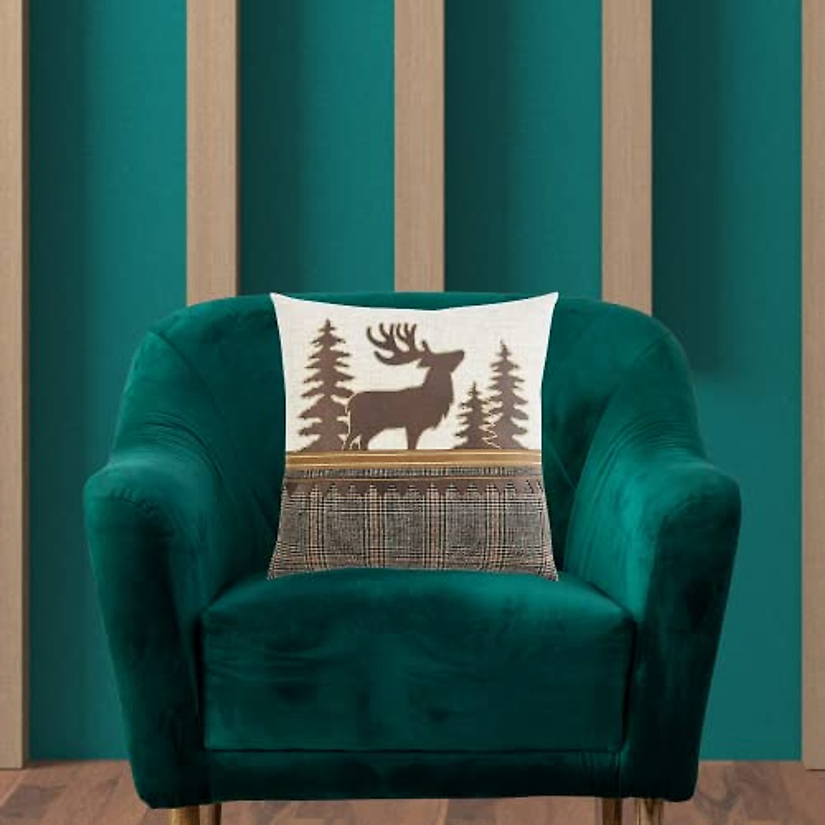 Comfy Hour Wildlife Collection 14"x14" Plaid Moose with Christmas Tree Accent and Throw Pillow, Winter Decorative Cushion, Polyester