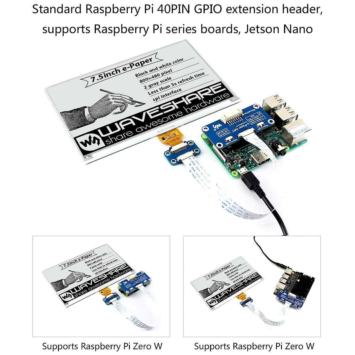 waveshare 7.5inch E-Ink Display HAT,800x480 Pixel Black,White Two-Color SPI Interface E-Paper Screen LCD for Raspberry Pi 4B/3B+/3B/2B/Zero/Zero W/Zero WH and Jetson Nano no/Ard/Nucleo