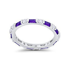 Blue Apple Co. 3mm Full Eternity Stackable Art Deco Wedding Band Baguette Round Simulated Amethyst Cubic Zirconia 925 Sterling Silver Size-8