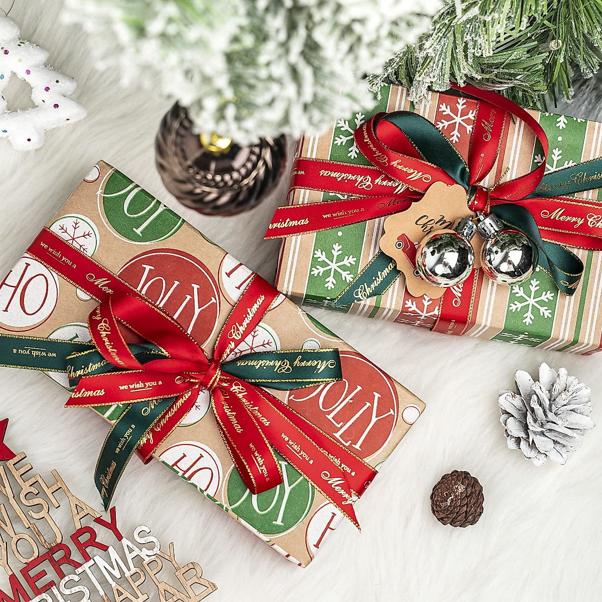 RUSPEPA Christmas Wrapping Paper, Kraft Paper - Snowflakes, Red and Green Stripe and Christmas Greetings - 4 Rolls - 30 inches x 10 feet per Roll