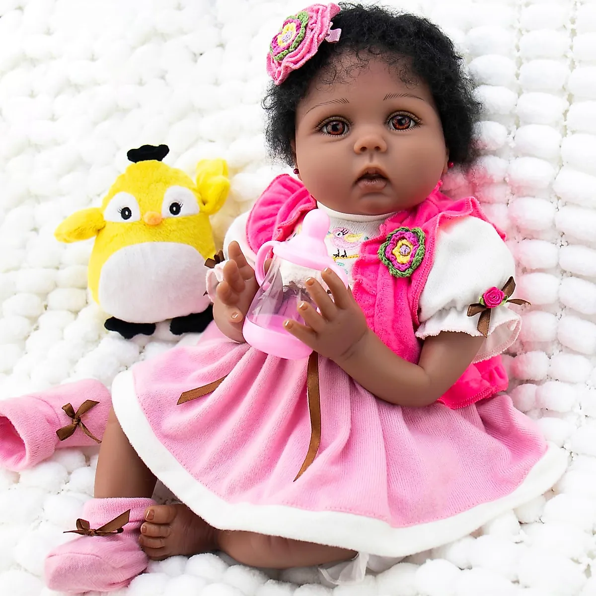 Aori Lifelike Reborn Baby Dolls Black 22 inch Realistic Baby Girl Doll Weighted Biracial Newborn Baby Doll with Feeding Toy Accessories