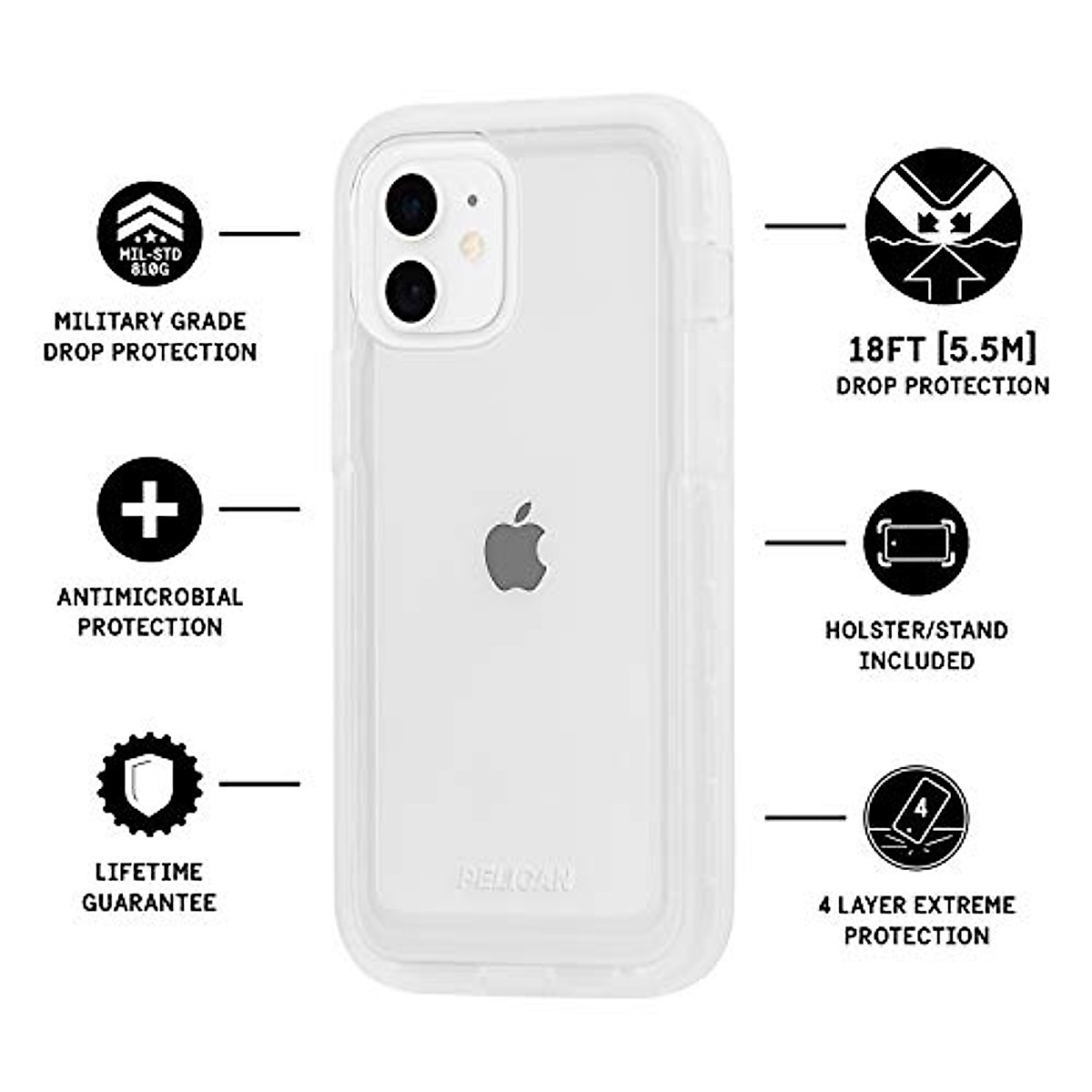 Pelican - VOYAGER Series - Case for iPhone 12 Mini (5G) - Military Drop Protection - Holster - 5.4 Inch - Clear