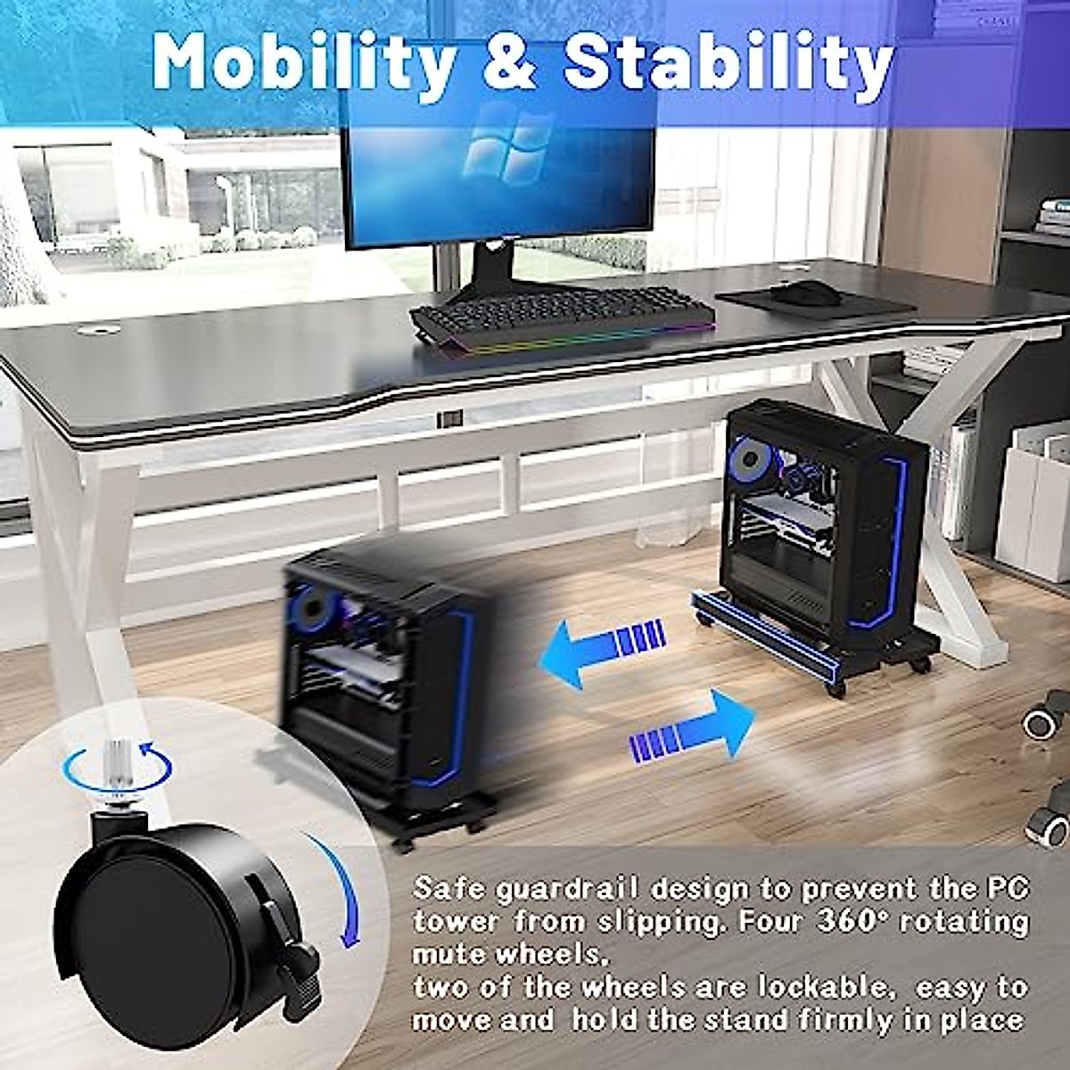 Mobile CPU Stand, CPU Rolling Stand Adjustable Computer Mobile Cart Holder with Locking Caster Wheels PC Stand - Black