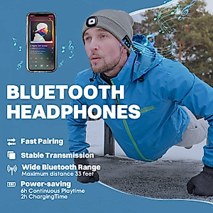 Bosttor Bluetooth Beanie Hat with Light, Headlamp Cap with Headphones and Built-in Speaker Mic, Gifts for Men Women Teen Black