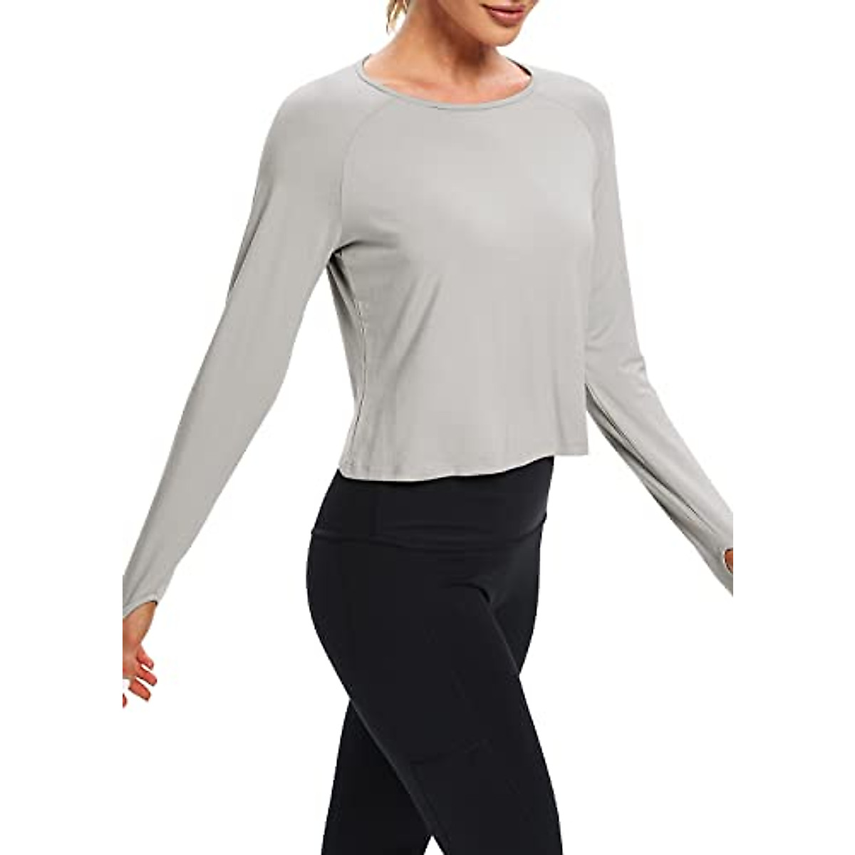 Bestisun Cute Crop Top Backless Long Sleeve Workout Yoga Exercise Tops Running Shirts Yoga Gym Training Clothing Athletic Wear for Women Light Gray L