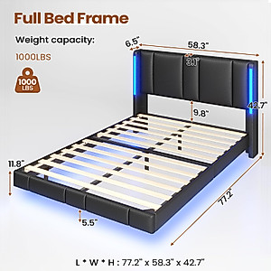 AOGLLATI Floating Bed Frame Full with LED Light and 2 USB Charging Station, Upholstered Platform Bed Frame Full Size with Heavy Wooden Slats Support, No Box Spring Needed