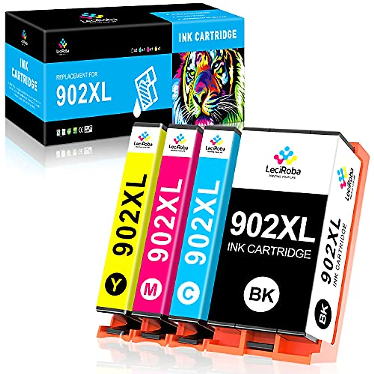 LeciRoba Remanufactured 902XL Ink Cartridge Replacement for HP 902XL 902 XL Ink Cartridges to use with OfficeJet Pro 6978 6968 6960 6962 6954 6958 6950 Printers (Black, Cyan, Magenta, Yellow, 4 Pack)
