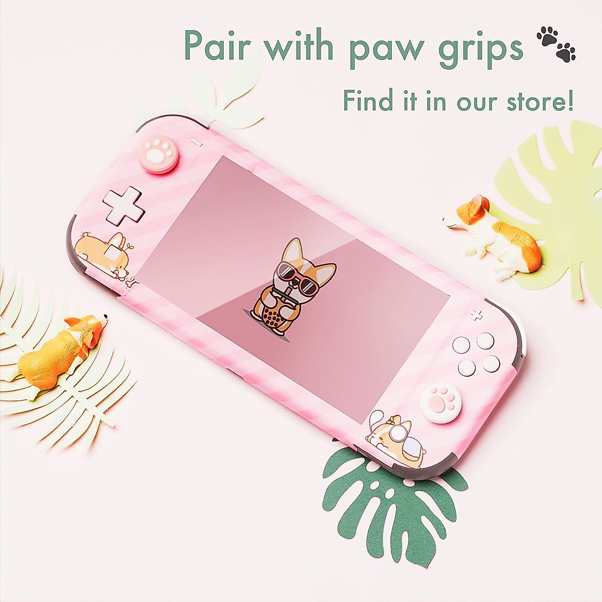 BelugaDesign Dog Corgi Switch Skin | Pastel Sticker Wrap Vinyl Decal | Cute Kawaii Bone Butt Animal Cartoon | Full Set Compatible with Nintendo Switch (Switch Lite, Pink)