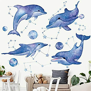 Ocean World Wall Stickers, 3D Blue Dolphin 3D Shark Broken Wall Stickers Tropical Fish DIY Wall Decals Art Decor for Kids Boys Bedroom Playroom (Dark Blue)