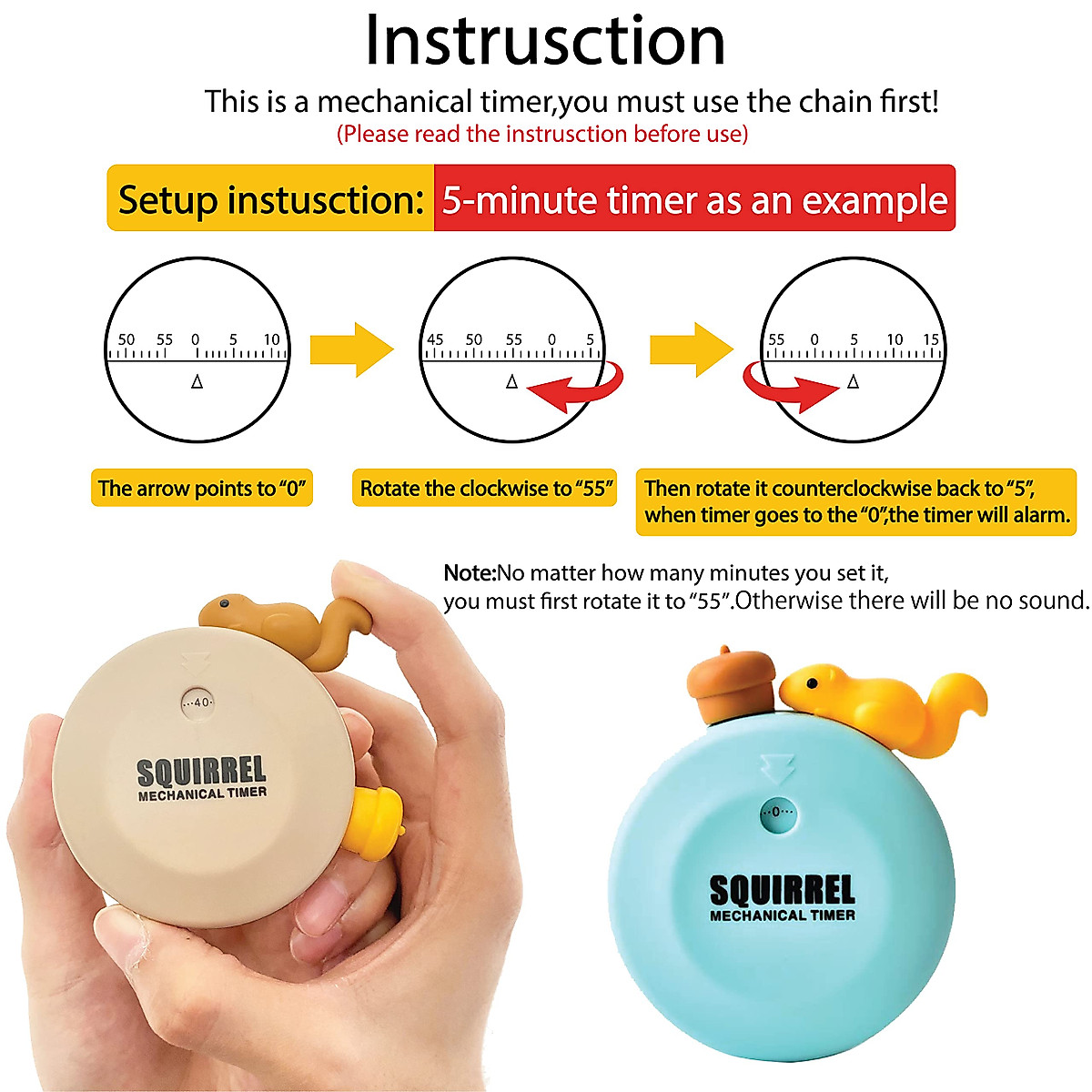 J-Artdope Timer for Kids,Magnetic Kitchen Timer,60-Minute Visual Timer,Cute Mechanical Timers for Classroom,Cooking,Reading,Gym,(Squirrel)-2 Pack