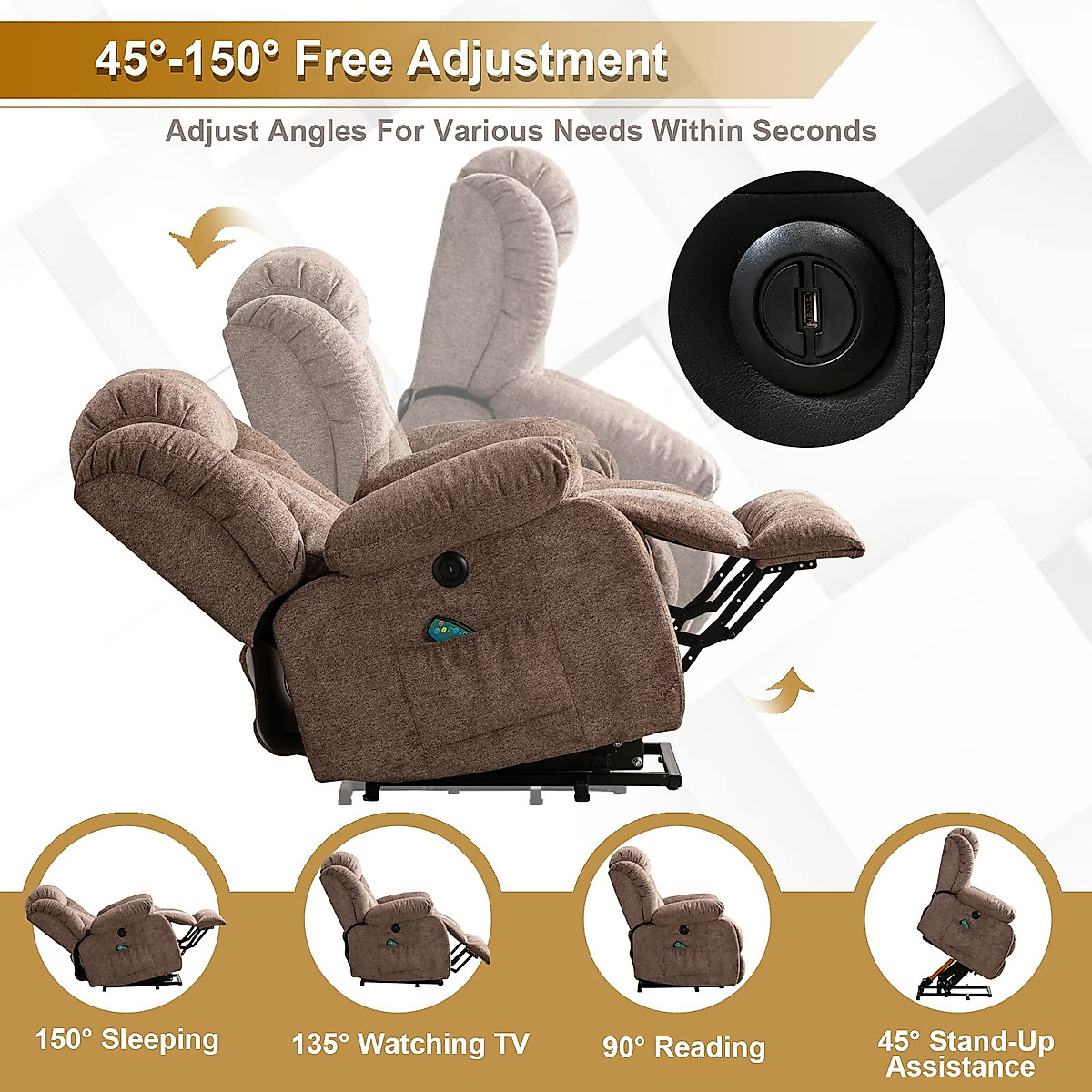 ANJ Power Lift Recliner Chair with Heat & Massage for Elderly, Overstuffed Lift Chairs with USB Port and Heavy Duty Reclining Mechanism(Taupe)