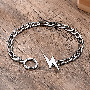 Hisatan Unisex Lightning Bolt Charm Bracelet | Stainless Steel Lightning Flash Thunder Figaro Chain Bracelet for Men Women
