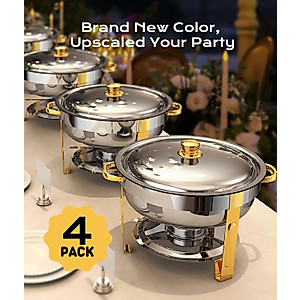 Chafing Dishes for Buffet 4 Pack, 5QT [Worry-Free Assemble] Round Chafing Dish Buffet Set [Elegant Gold and Silver Colors] Stainless Steel Chafers and Buffet Warmers Sets for Parties with Complete Set