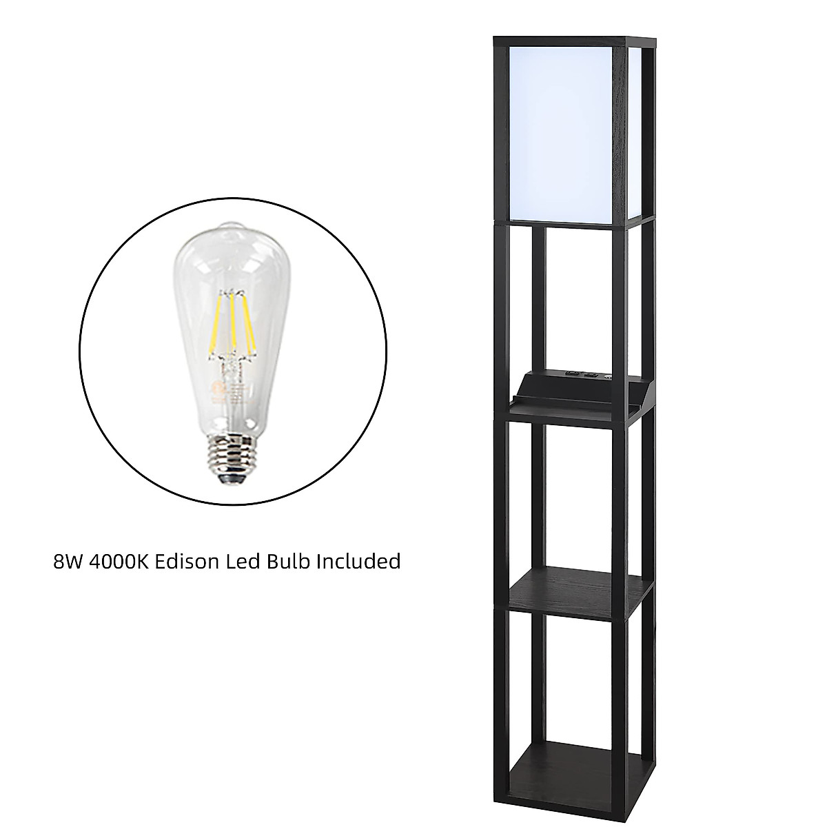 Touch Control Shelf Floor Lamp With QI Wireless Charging Station, Modern Dimmable LED Floor Lamps with Shelves, 2 Fast Charging USB Ports , Skinny Standing Floor Lamp for Living Room, Bedroom (Black)