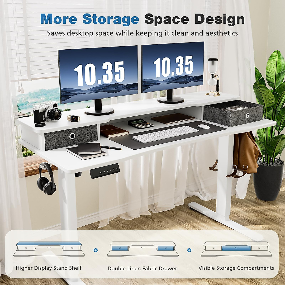 Electric Standing Desk with Double Drawers, 40 x 24 Inch Adjustable Height Sit Stand Up Desk with Storage Shelf for Home Office Computer Table Workstation with Splice Board