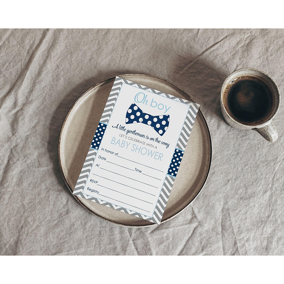 Bow Tie Baby Shower Invitations with Envelopes (15 Pack) Blank Invites for Boys Parties - Little Man Theme Blue and Grey – Blank Invite to Handwrite Custom Details - 4x6 Printed Card Set