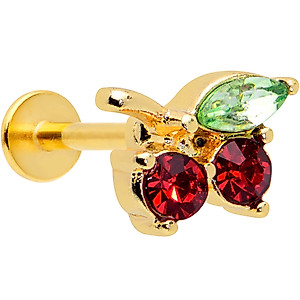Body Candy Womens 16G PVD Steel Red Accent Cherries Fruit Labret Monroe Lip Ring Tragus Cartilage Stud 5/16"