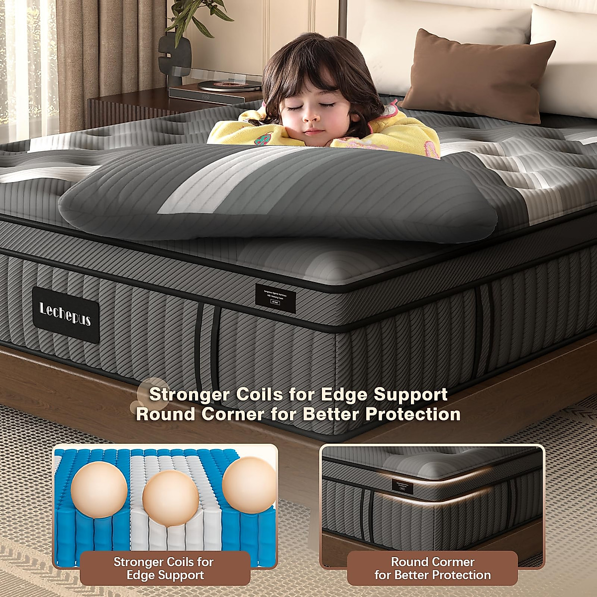 Queen Mattress,Lechepus 14Inch Soft Memory Foam Hybrid Mattress in box,Plush Feel Queen Size Mattress with Supportive Pocket Coil for Back Pain Relief,Motion Isolation, None of Fiberglass