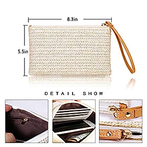COOKOOKY Women's Straw Clutch Bag Bohemian Zipper Wristlet Womens Summer Beach Sea Purse Straw Wallets For Women (Beige- White)