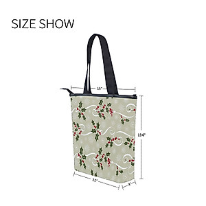 Christmas Holly Berry Tote Handbag for Women Tote Bag, Canvas + leather Shoulder Bag, Hobo bag, Satchel Purse(237ri1a)