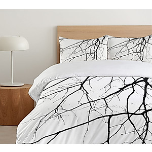 Ambesonne Black and White Duvet Cover Set, Macro Leafless Winter Tree Branches Idyllic Twigs of Oak Nature Print, Decorative 3 Piece Bedding Set with 2 Pillow Shams, Queen Size, Black and White