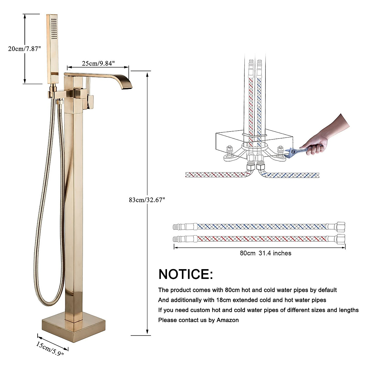 Freestanding Bathtub Faucet Brushed Gold Floor Mount Waterfall Tub Filler High Flow with Hand Shower Solid Brass 360 Degree Swivel Standing Mixer Taps for Bathroom