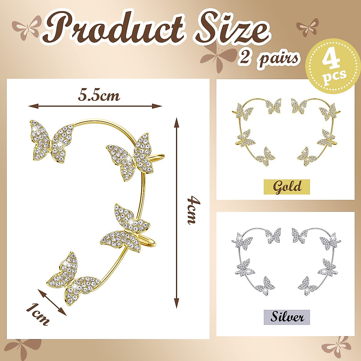 Bonuci 4 Pcs Butterfly Ear Cuff Earrings Glitter Rhinestone Butterfly Ear Cuff for Women Wrap Crawler Earrings No Piercing Butterfly Ear Clip Wrap Around Fake Earrings (Gold, Silver,Regular Style)